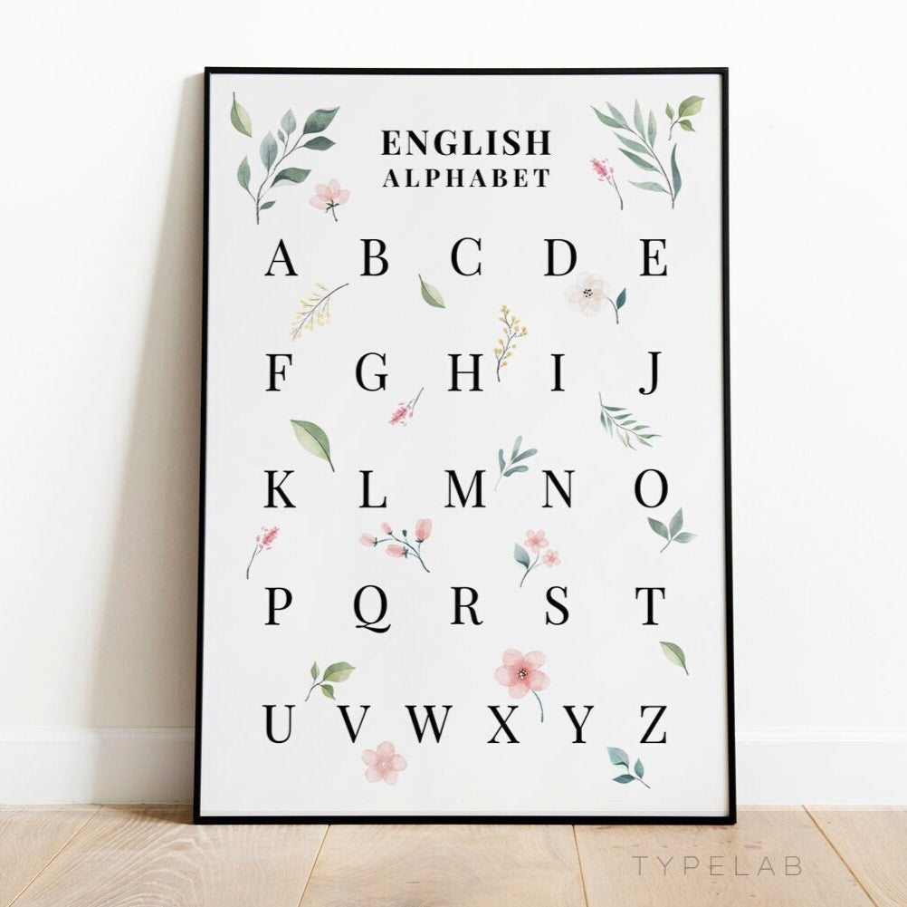 Botanical English Alphabet Print | Pink Floral Language Chart Wall Art ...